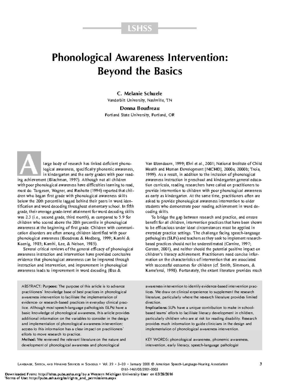 Phonological Awareness Intervention - LSHSS Phonological Awareness Intervention: Beyond the ...