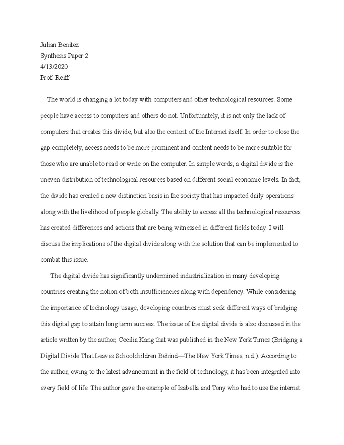 Digital Divide Synthesis Paper 2 - Julian Benitez Synthesis Paper 2 4 ...