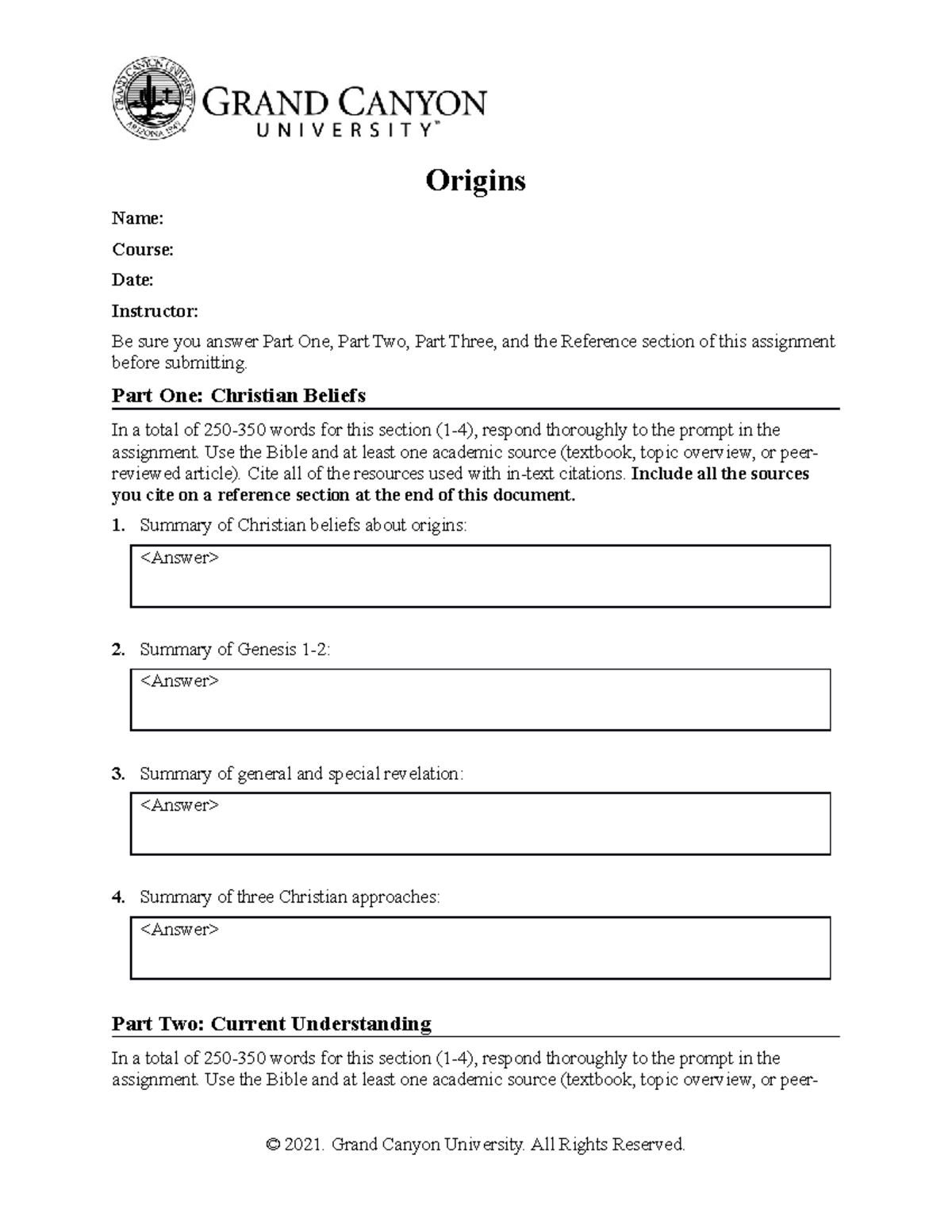 CWV-101: Christian Worldview Origins Assignment Template - Origins Name ...