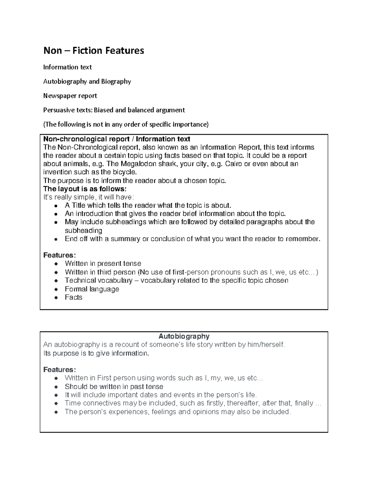 Non-Fiction and fiction text features to reviset 4Y48 - Non – Fiction ...