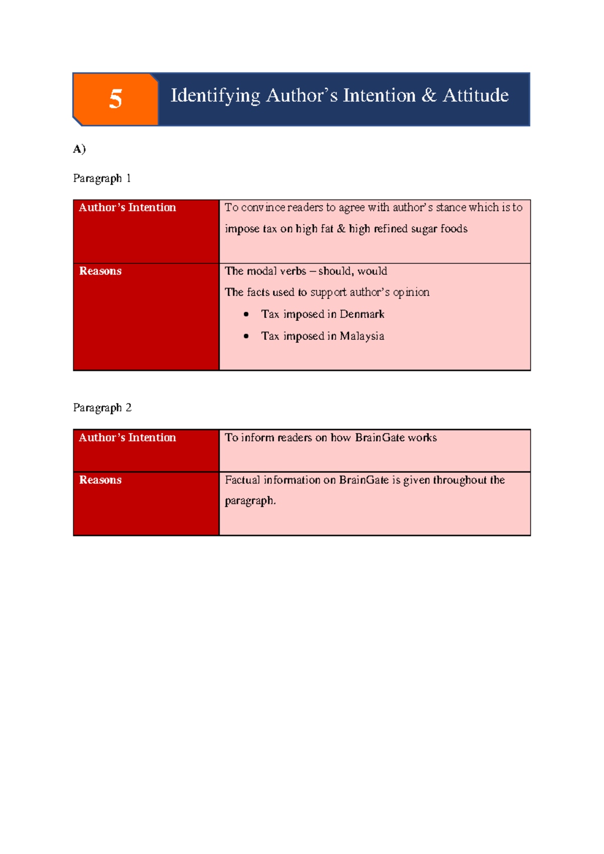 5-Author's Intention & Attitude Answer Key - A) Paragraph 1 Author’s ...