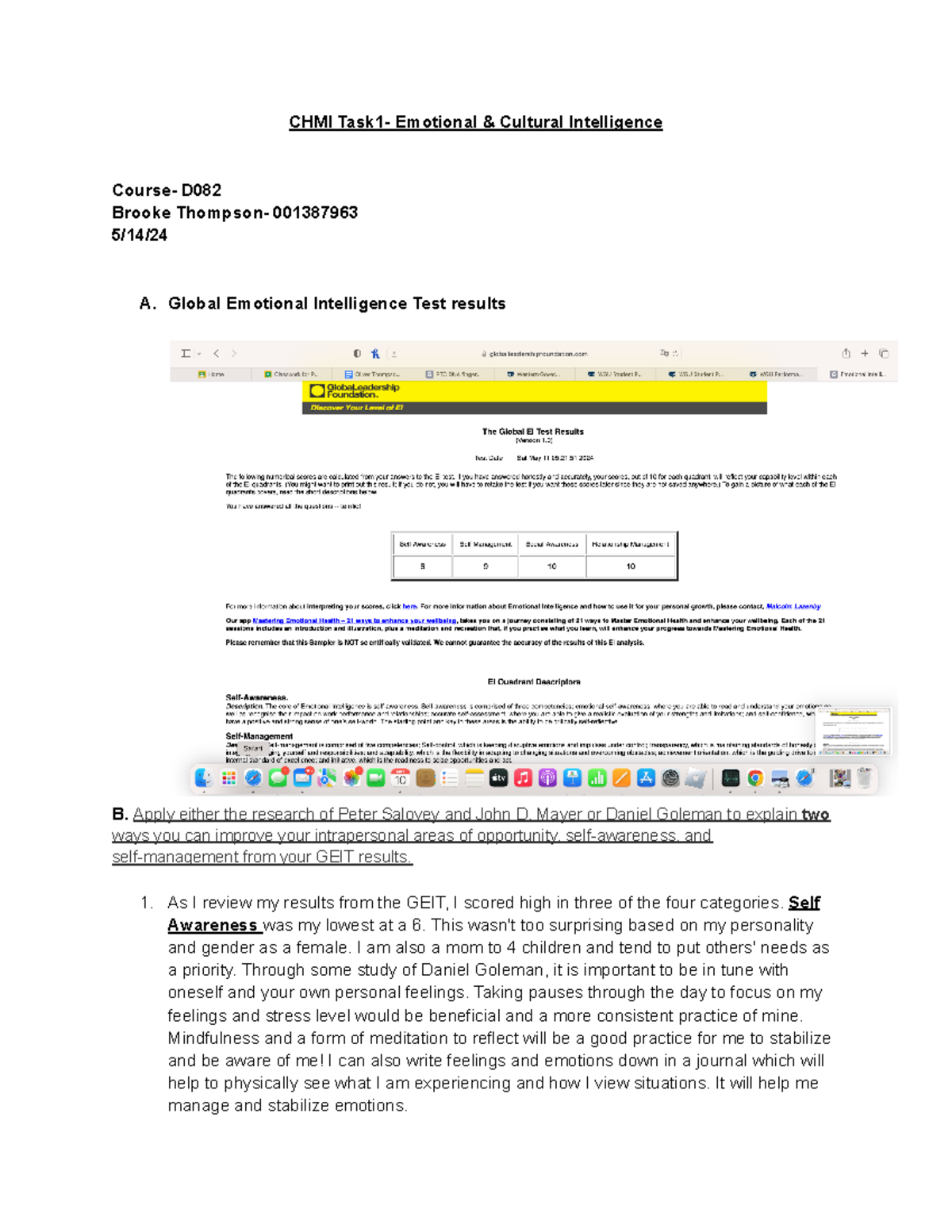 CHM1 task 1- attemt 2 - CHMI Task1- Emotional & Cultural Intelligence Course- D Brooke Thompson ...