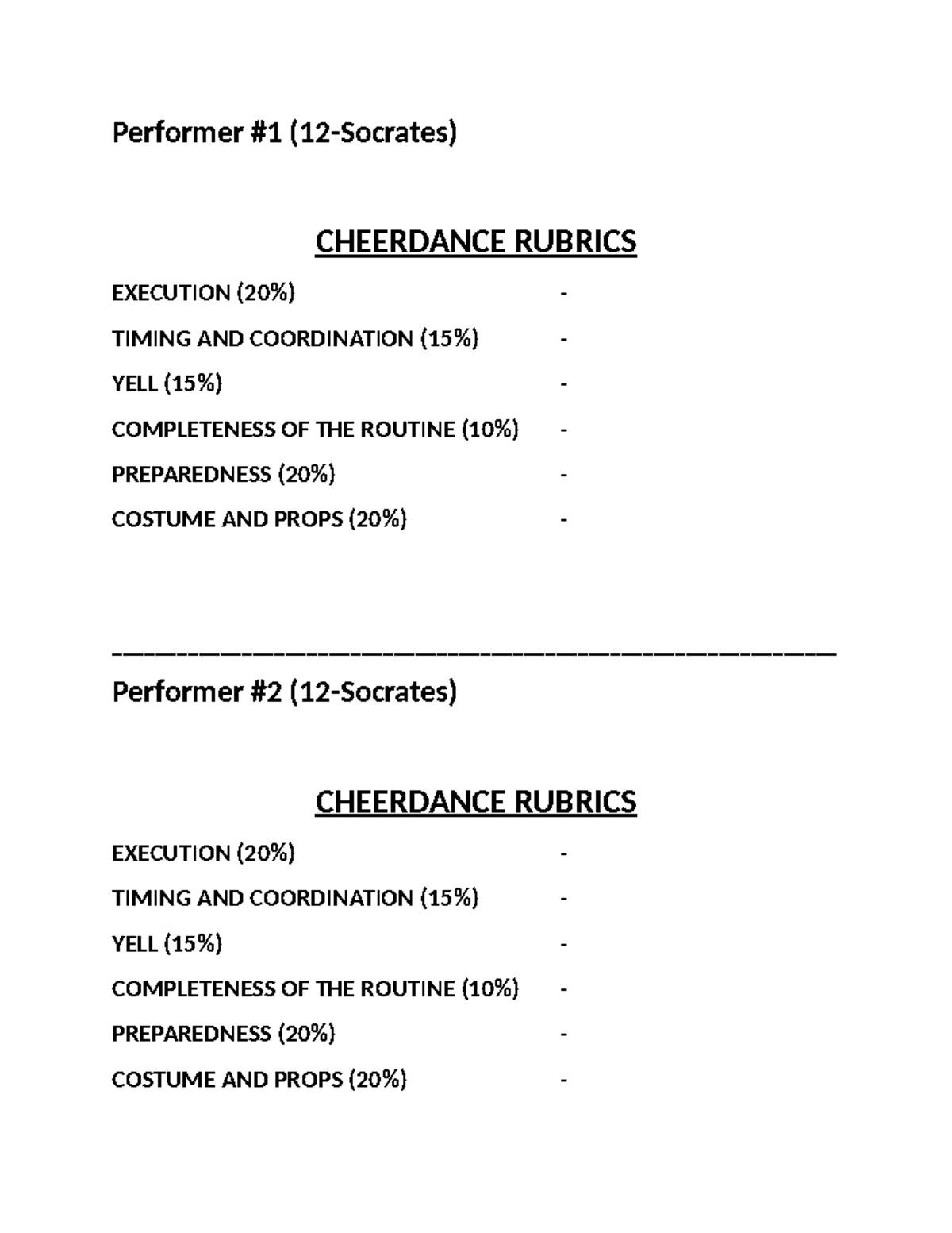 Cheerdance Rubrics - none - Performer #1 (12-Socrates) CHEERDANCE ...