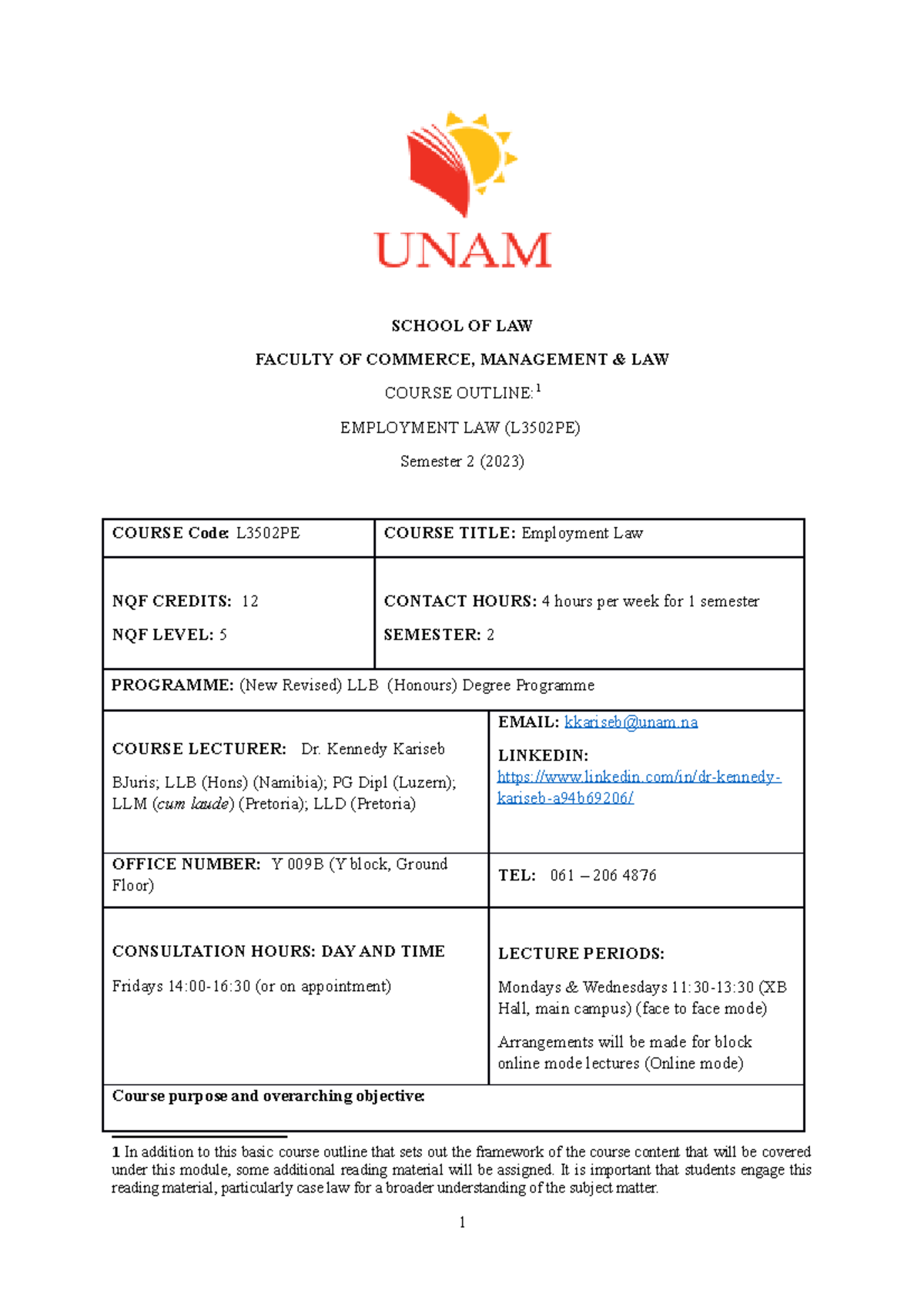 Employment law course outline F O - SCHOOL OF LAW FACULTY OF COMMERCE ...