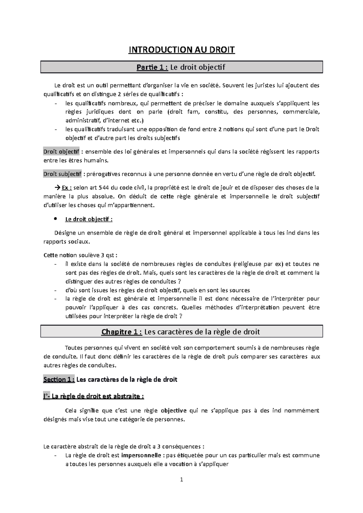 Chapitre n°1 - Les caractères de la règle de droit - INTRODUCTION AU DROIT Partie 1 : Le droit ...
