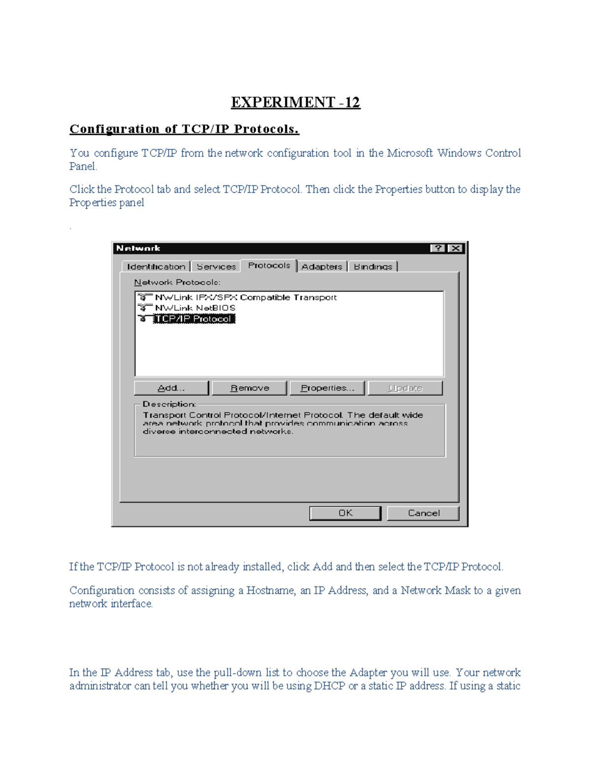 Experiment 12 Configuration Of Tcp Ip Pr Experiment Configuration Of Tcpip Protocols You