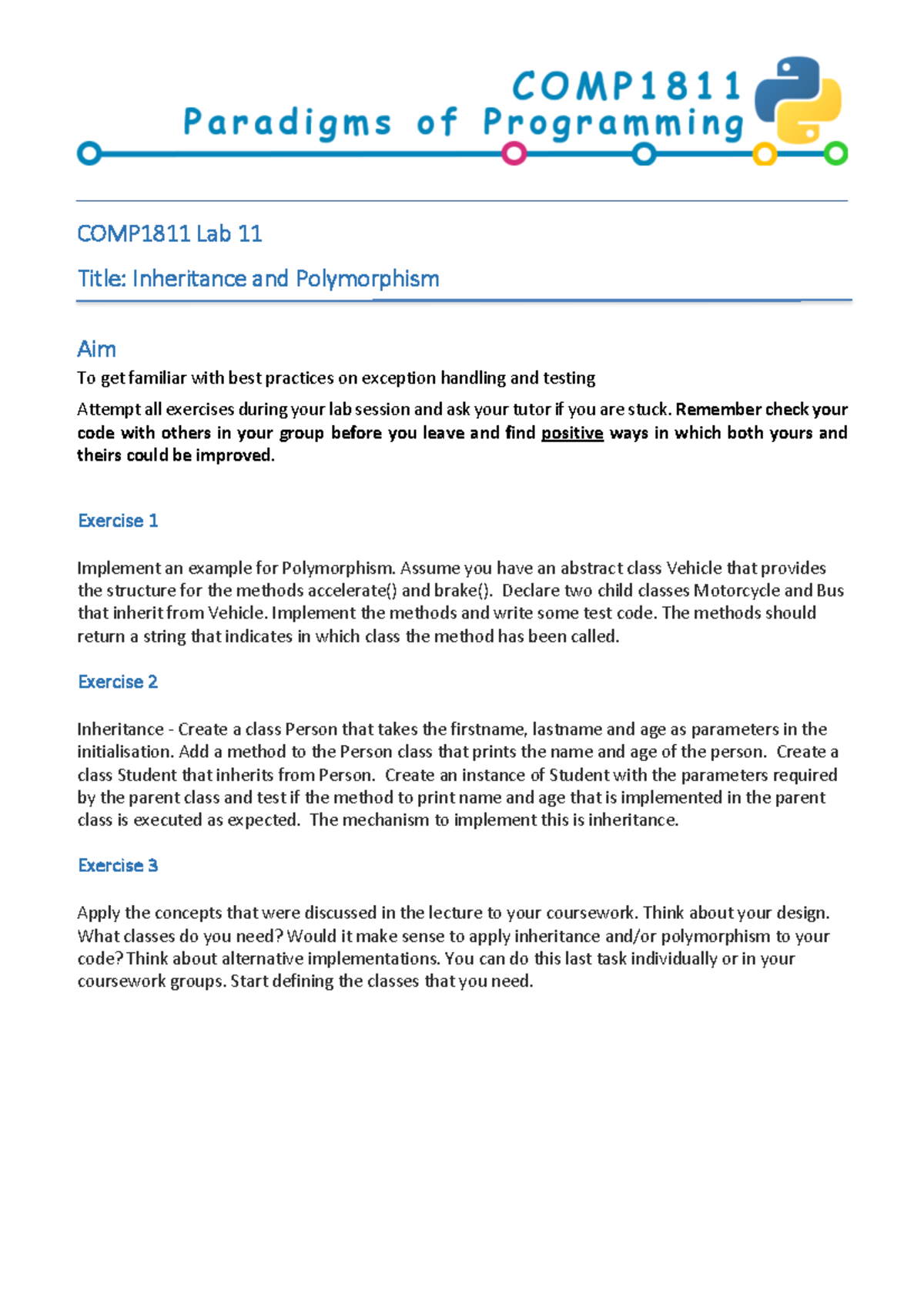 12 - LAB - COMP18 11 Lab 11 Title: Inheritance and Polymorphism Aim To get familiar with best ...
