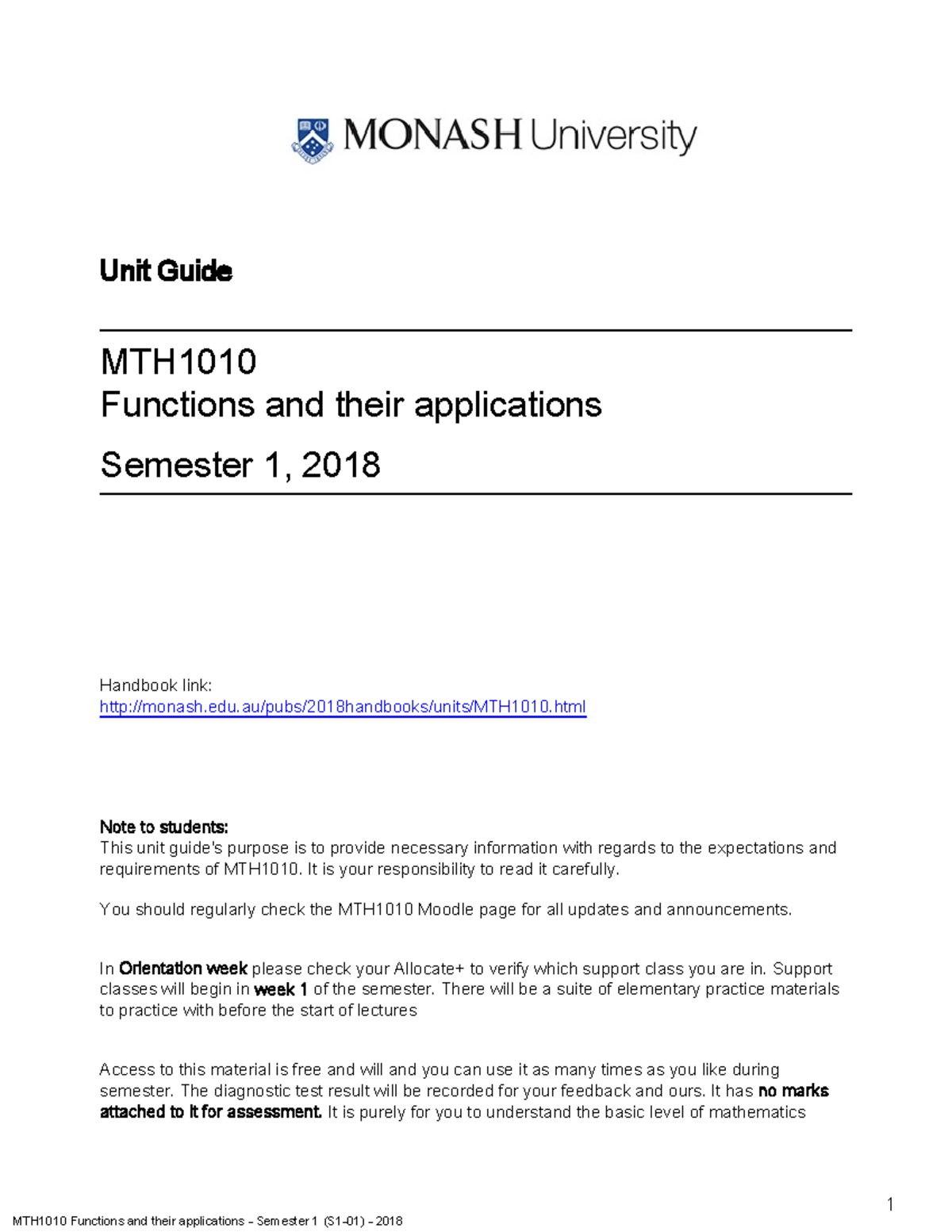 MTH1010 Semester 1(S1-01) 2018 - Unit Guide MTH1010 - Studocu