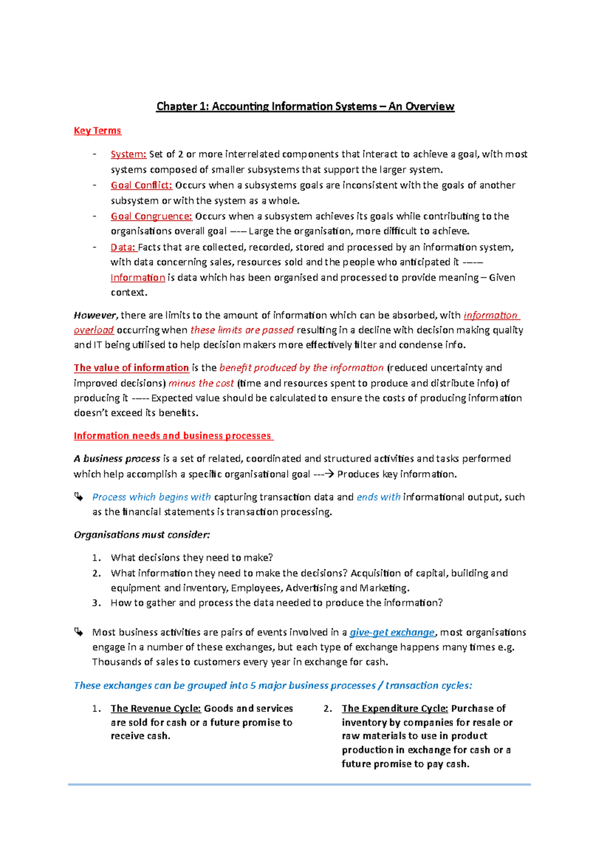 Week 1 - Summary of notes for week 1 - Chapter 1: Accounting ...