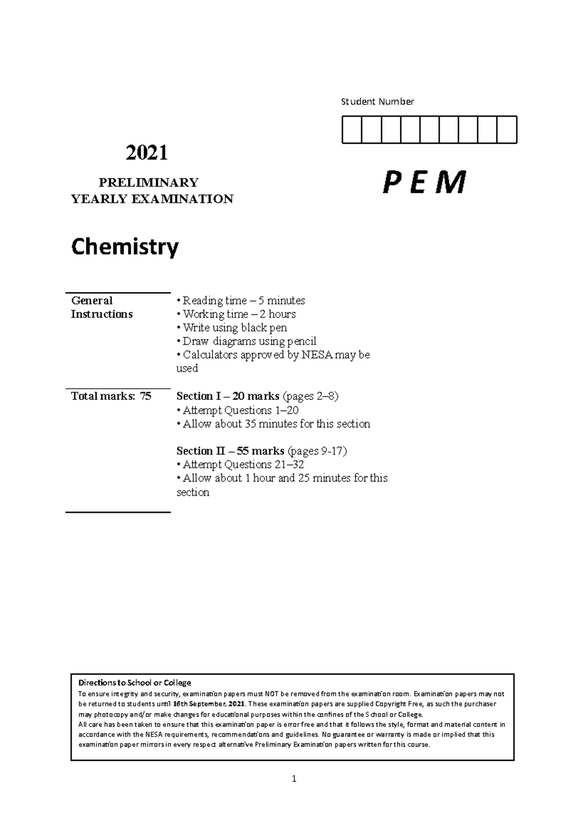 PEM 2021 Chemistry Preliminary Examination Paper - Student Number 2021 ...