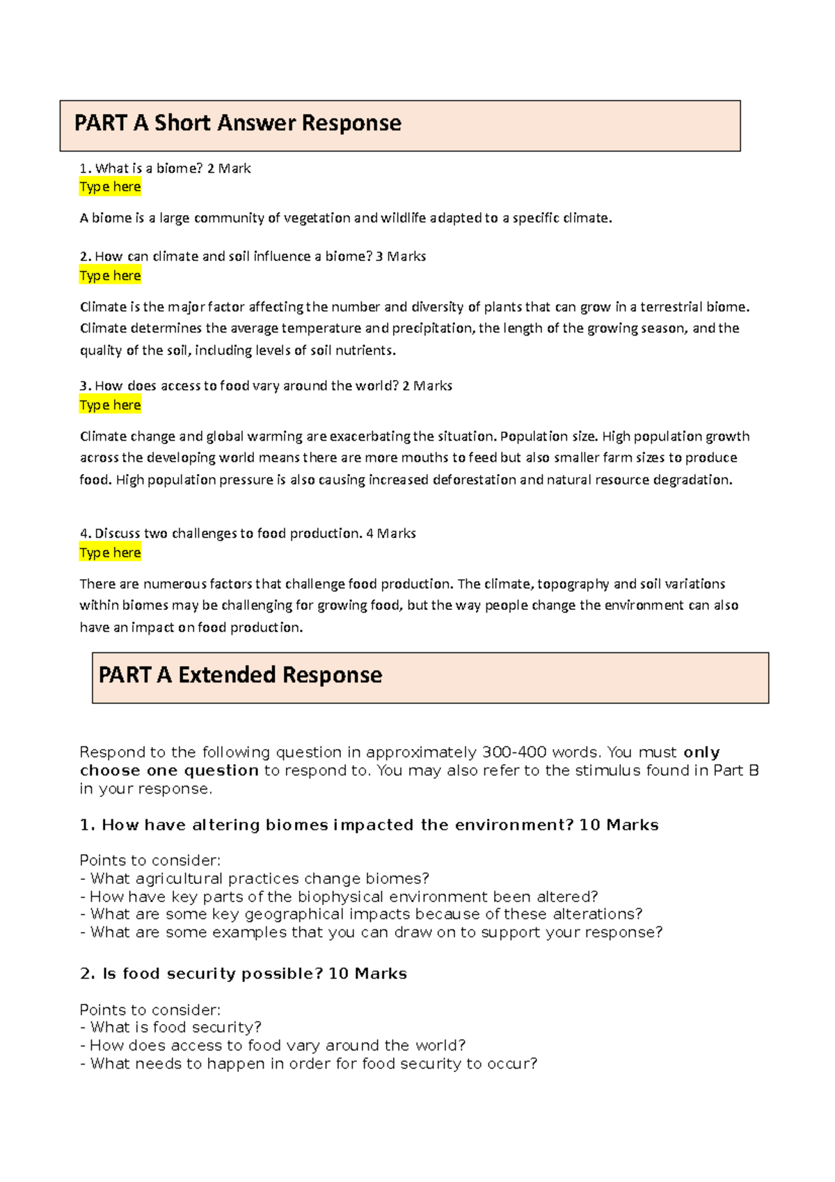 2021 Biomes Questions and Essay - What is a biome? 2 Mark Type here A ...