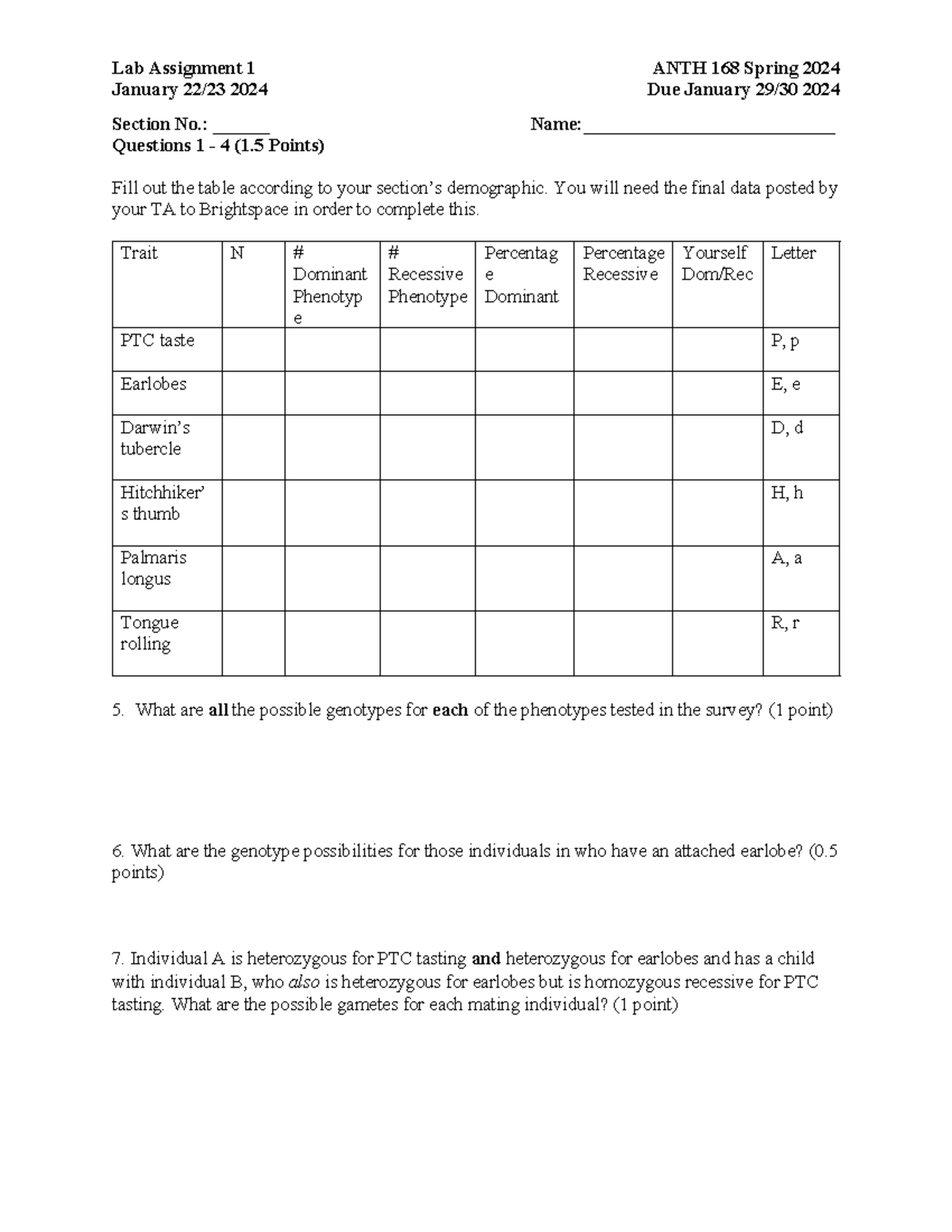 Lab 1 - Principles of Genetics - Lab Assignment 1 ANTH 168 Spring 2024 ...