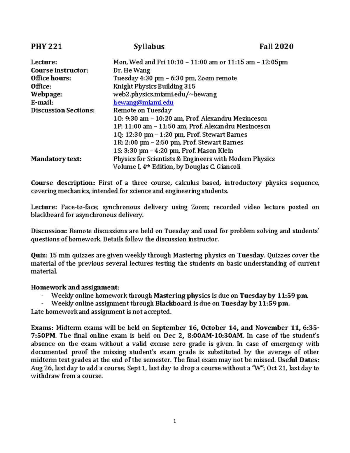 Syllabus for PHY 221 - 1 PHY 2 21 Syllabus Fall Lecture: Mon, Wed and ...