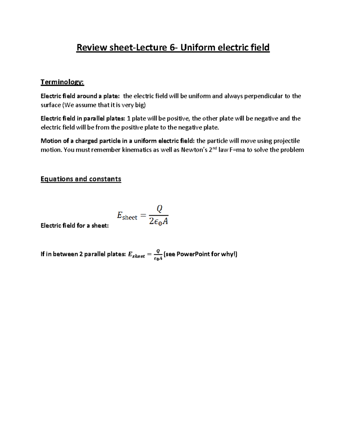 Review sheet Lecture 6 - Summary Electricity and Magnetism - Review ...