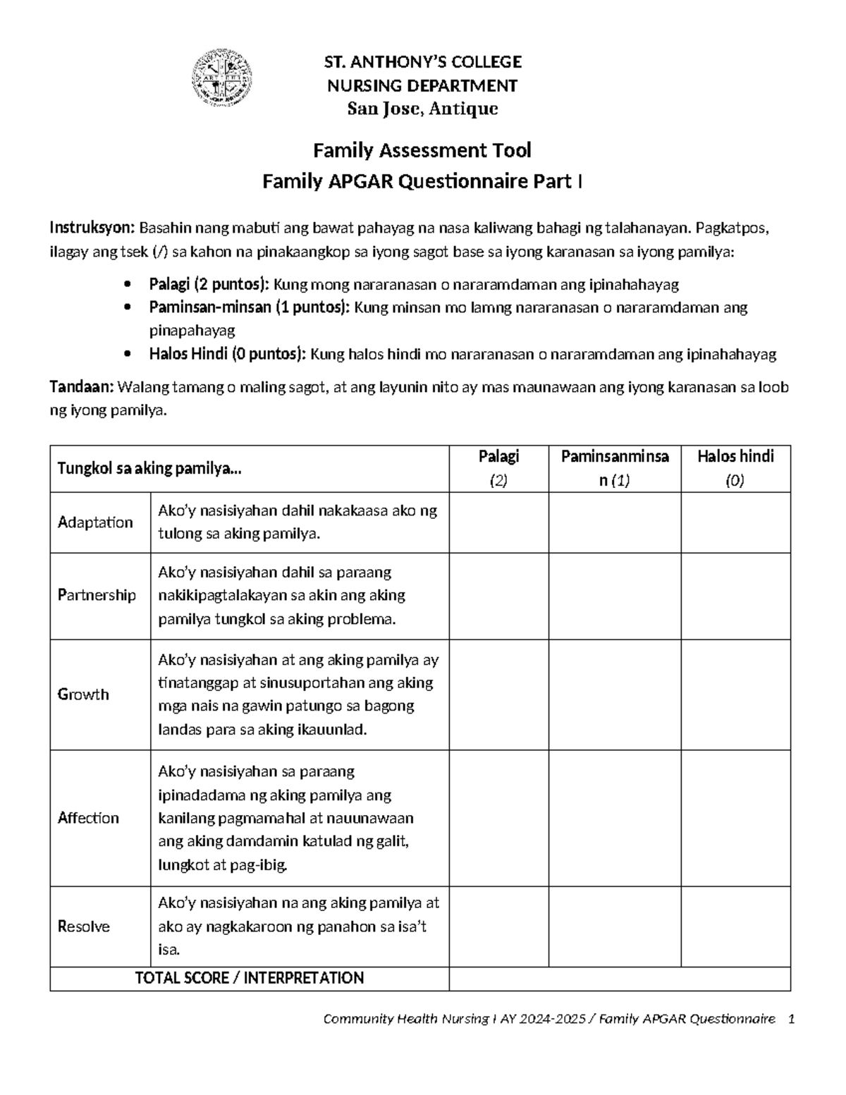 Apgar Family Assessment Tool - ST. ANTHONY’S COLLEGE NURSING DEPARTMENT ...