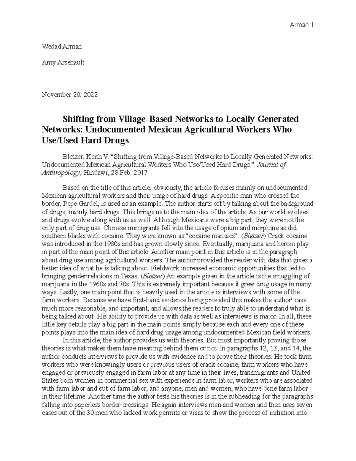 Anthropology - Arman 1 Wedad Arman Amy Arsenault November 20, 2022 ...