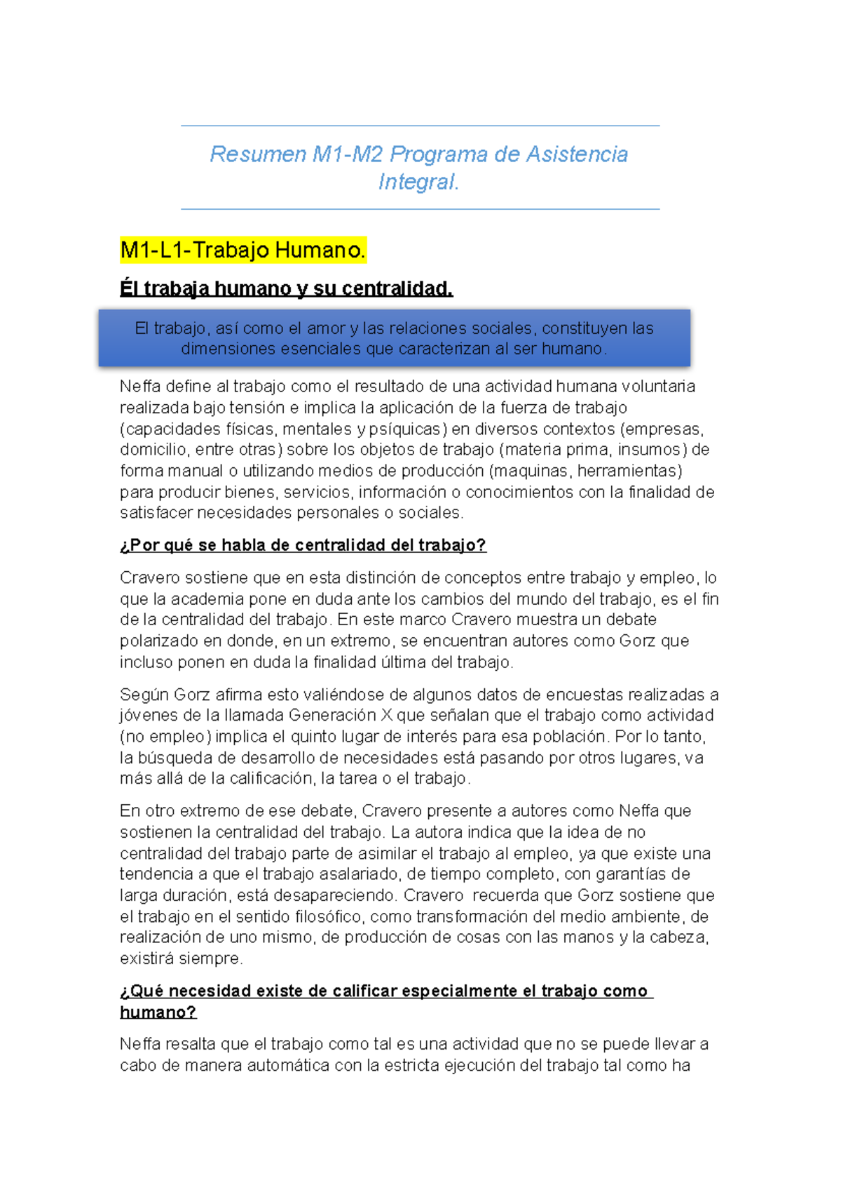 Resumen M1-M2. Programa de Asistencia Integral - M1-L1-Trabajo Humano. Él trabaja humano y su ...