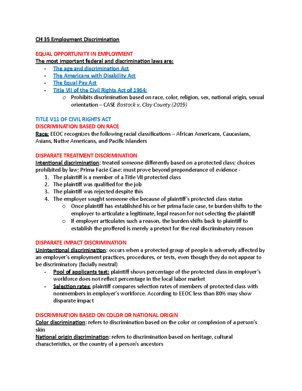 CH 35 Class Notes - CH 35 Employment Discrimination EQUAL OPPORTUNITY ...
