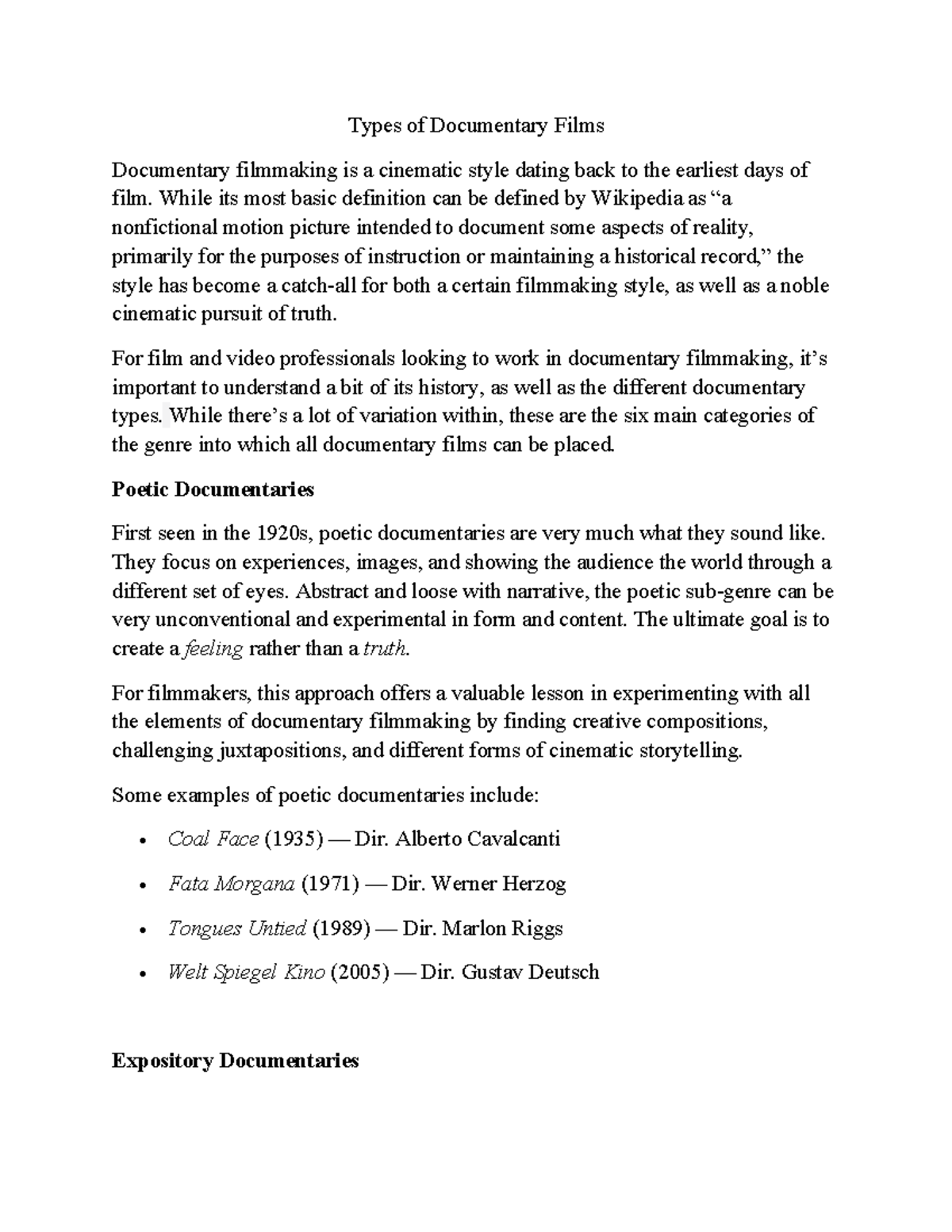 Types of Documentaries - While its most basic definition can be defined ...