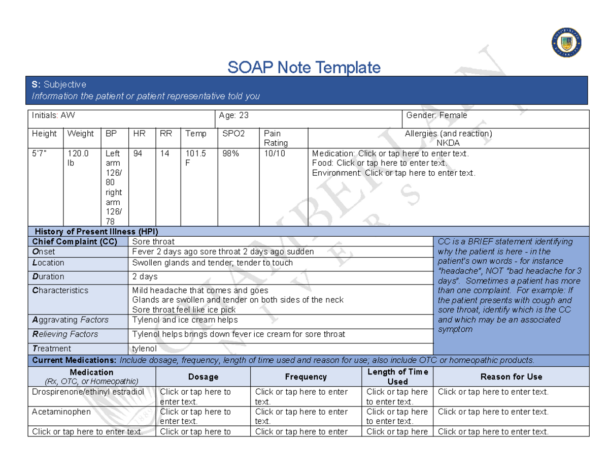 SOAP Note Template - SOAP Note Template Initials: AW Age: 23 Gender ...