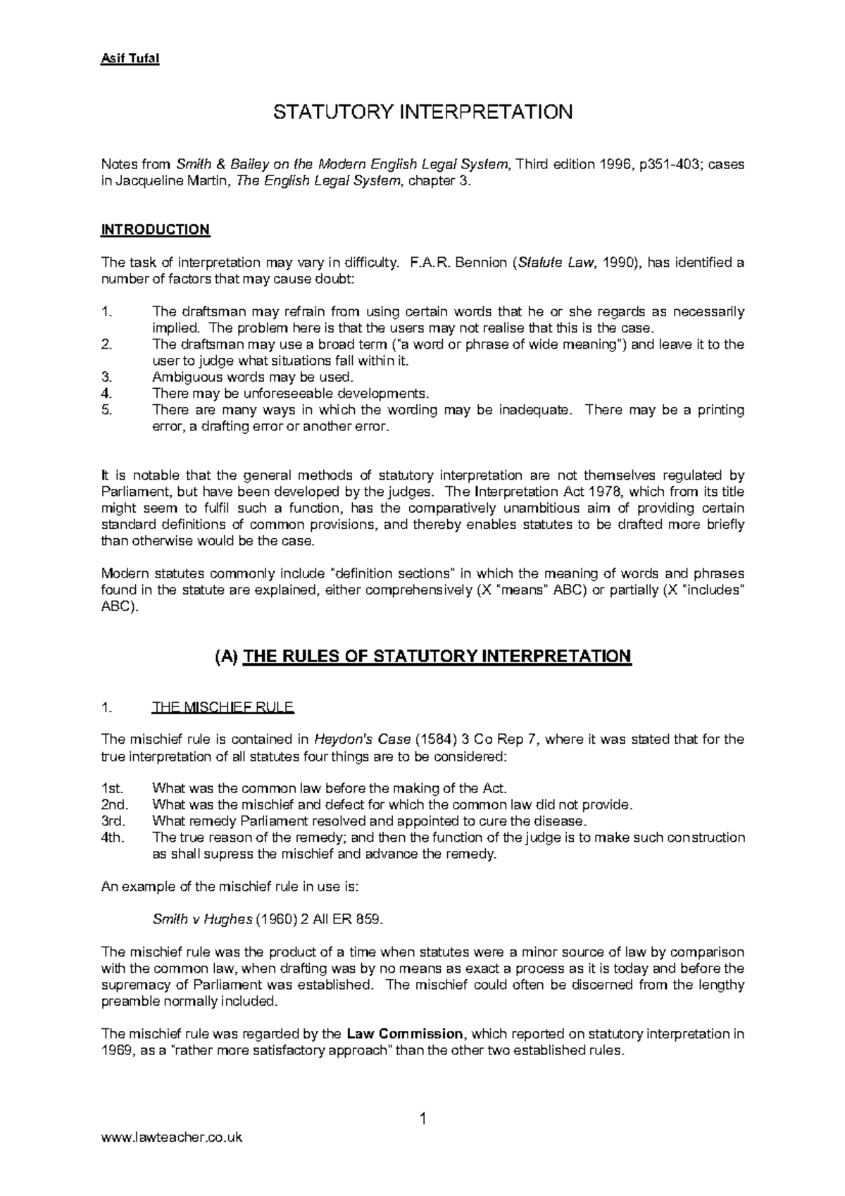 Statutory Interpretation 1 - Asif Tufal STATUTORY INTERPRETATION Notes ...