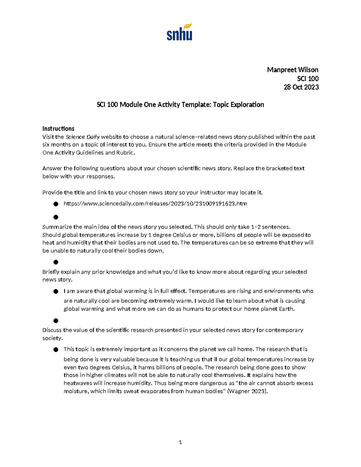 SCI 100 Module One - Manpreet Wilson SCI 100 28 Oct 2023 SCI 100 Module ...