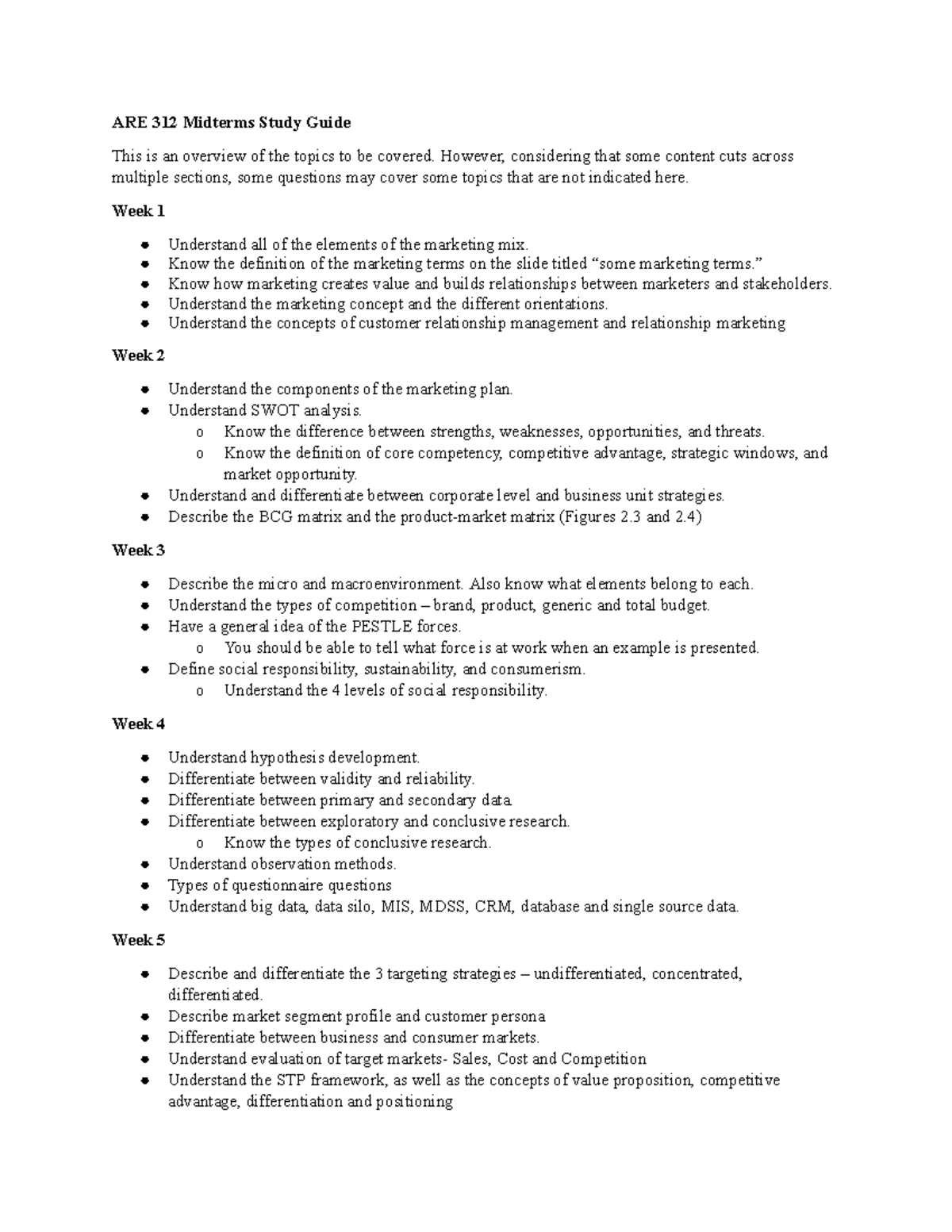 ARE 312 Midterms Study Guide Fall 2024 - ARE 312 Midterms Study Guide ...