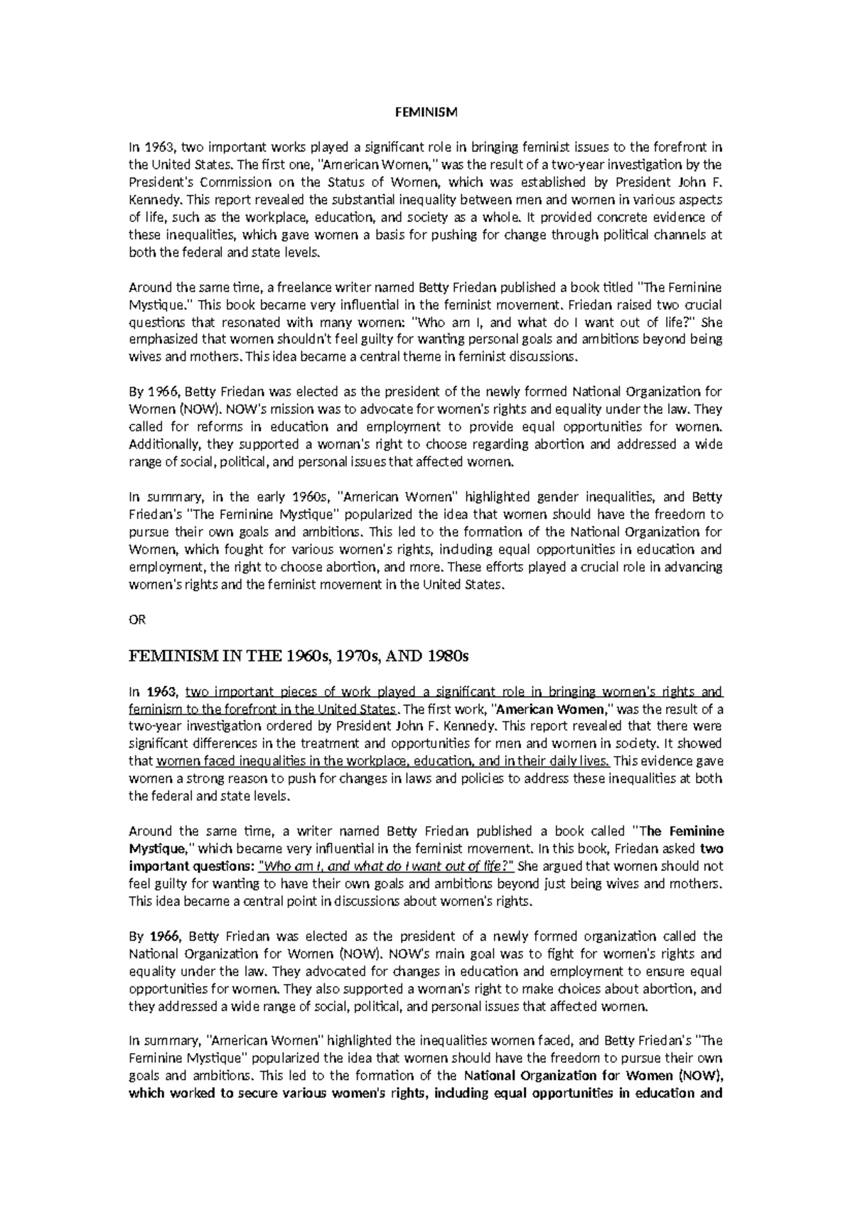 ( Feminism Revision) docx - FEMINISM In 1963, two important works ...