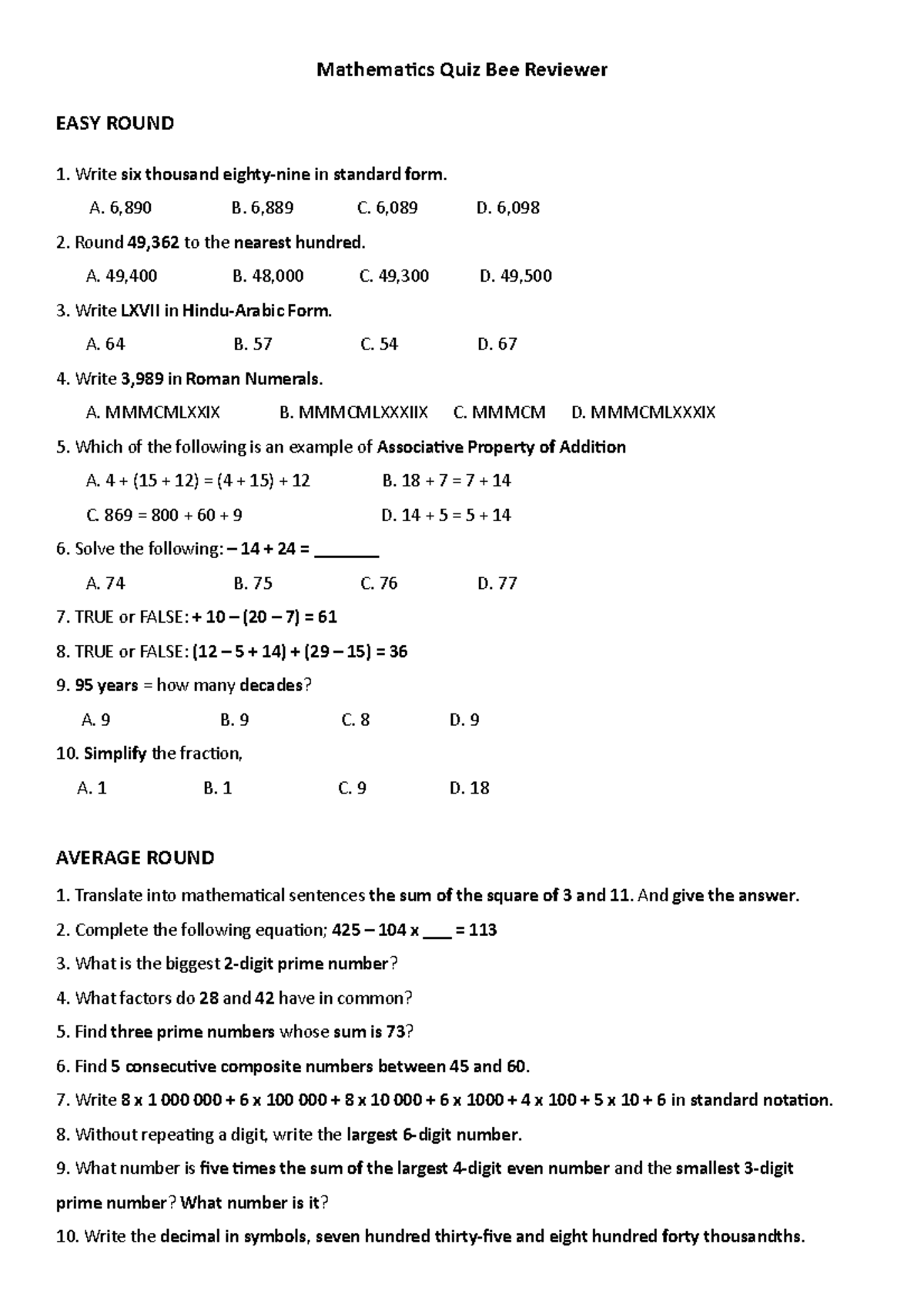 Mathematics Quiz Bee Reviewer G4 G5 And G6 Mathematics Quiz Bee