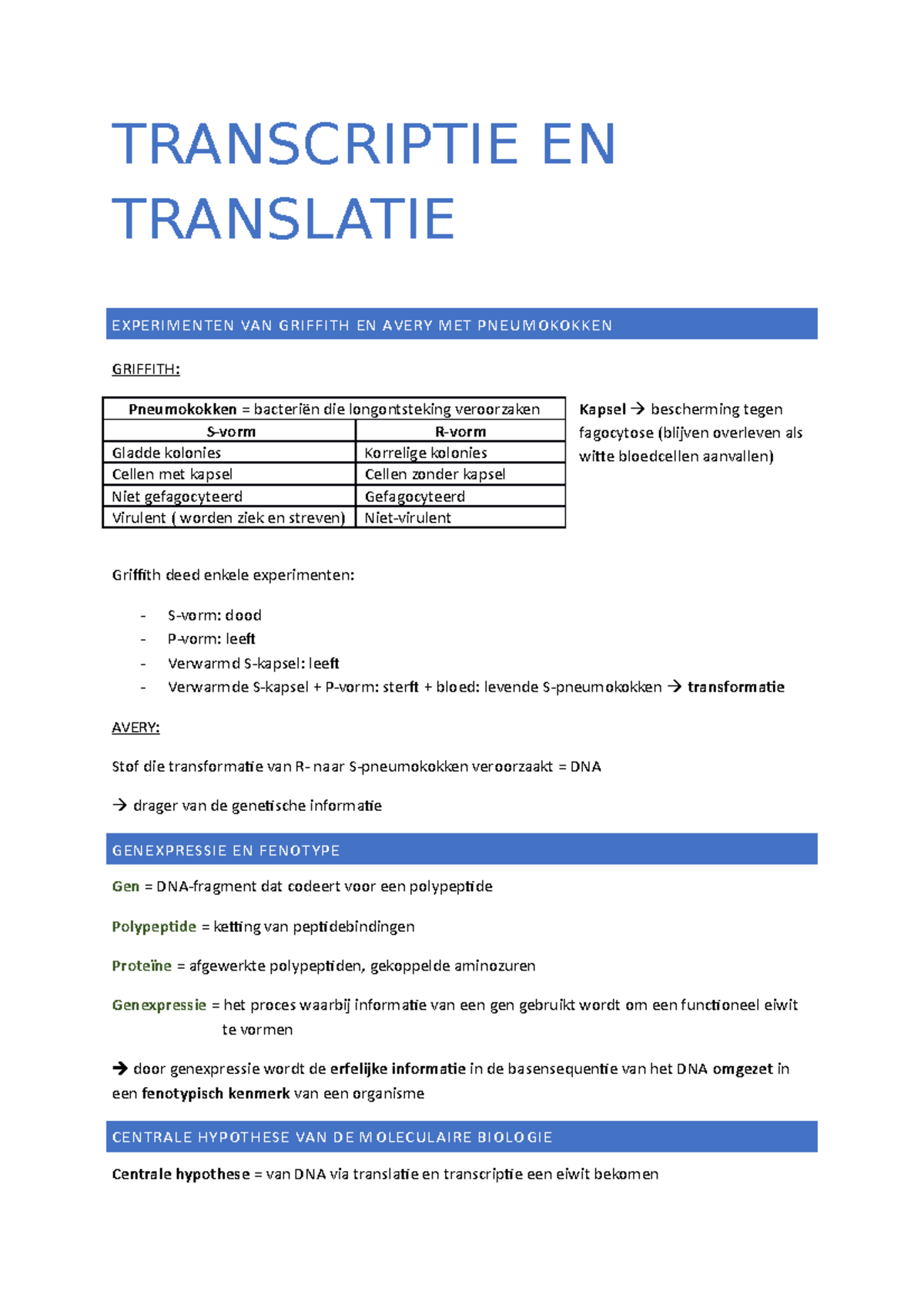 Transcriptie en translatie - Biologie - KU Leuven - Studocu