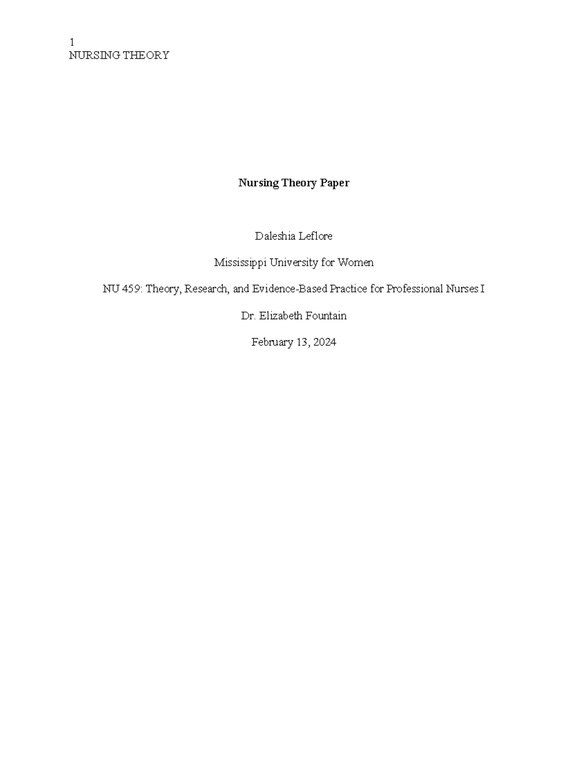 Daleshia Leflore Nursing Theory Paper Kurt and Orem - NURSING THEORY ...