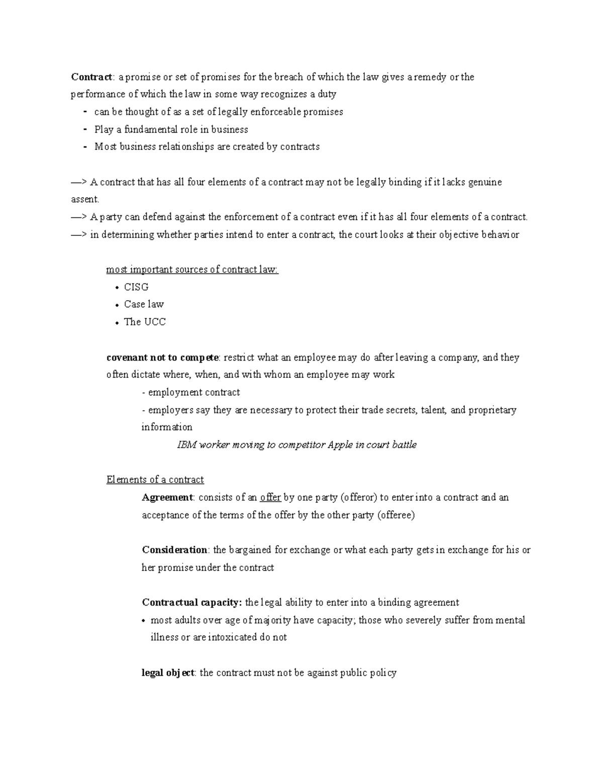Exam 2 notes - Contract: a promise or set of promises for the breach of ...
