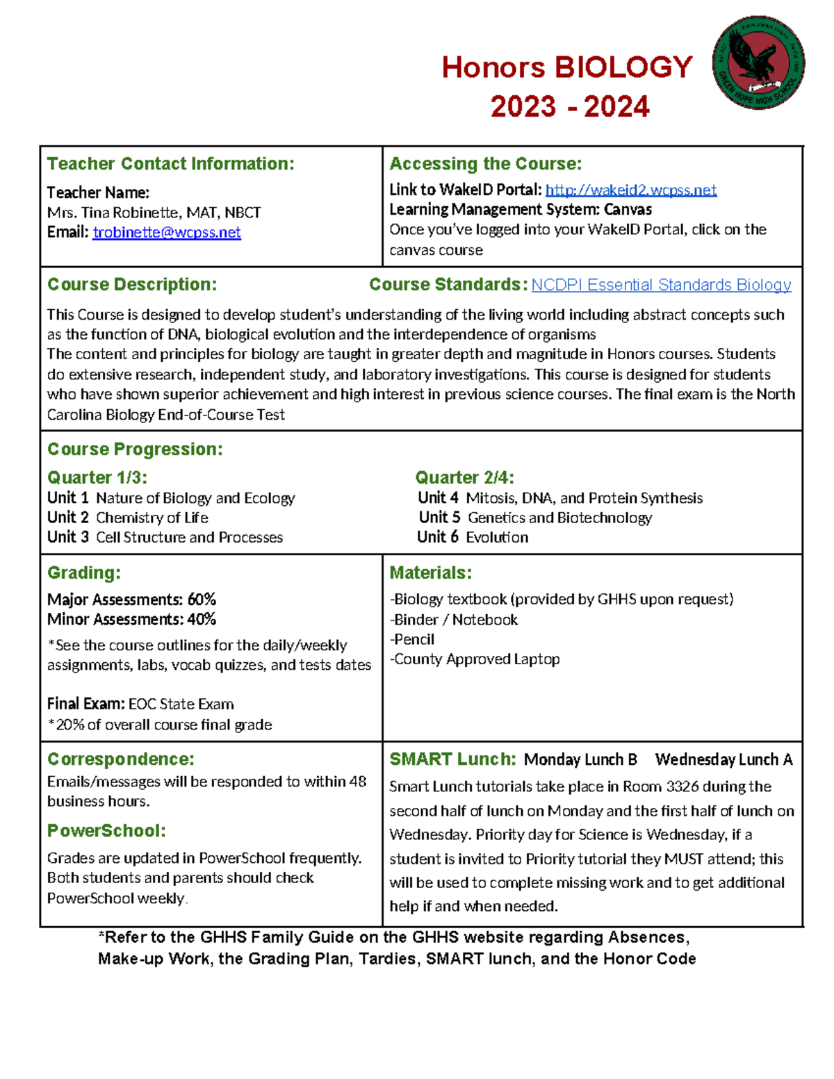 Honors Bio Syllabus 2023-2024 - Honors BIOLOGY 2023 - 2024 Teacher ...