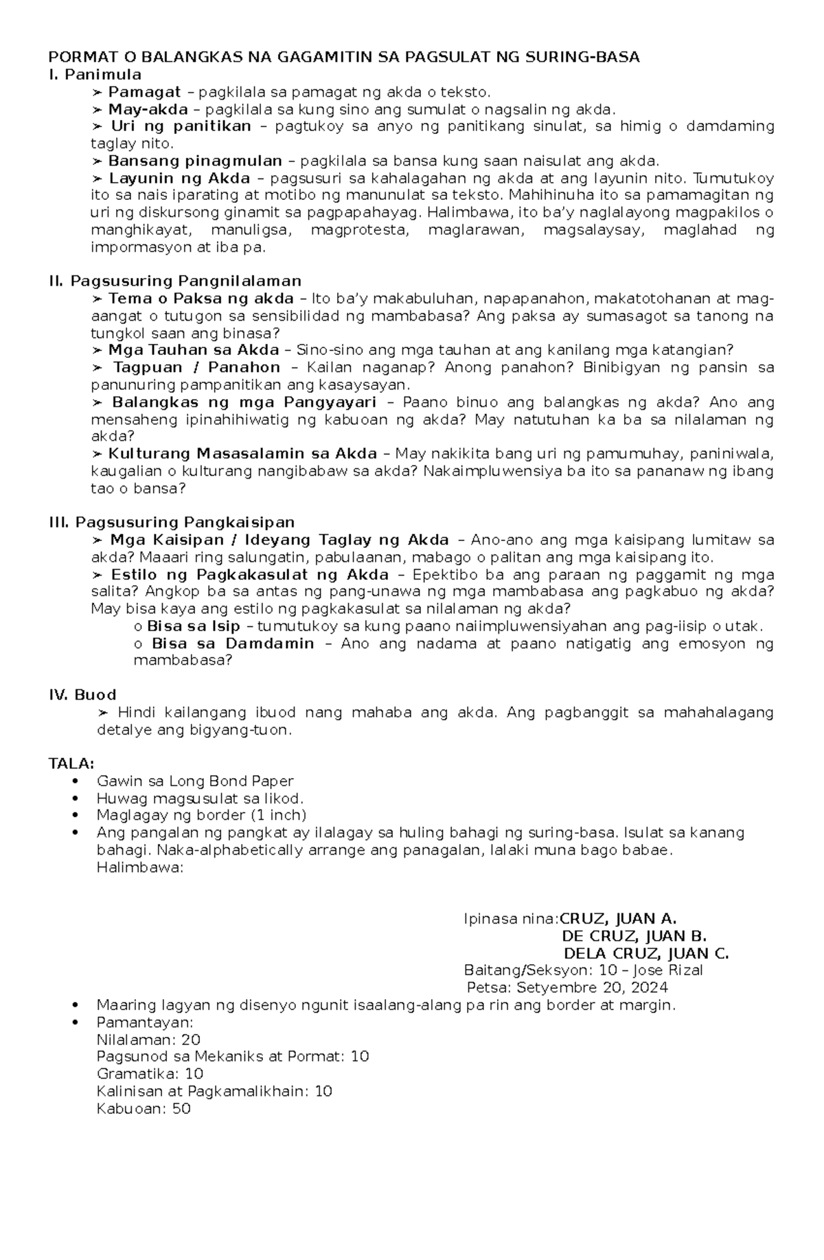 Suring-basa Pormat - PORMAT O BALANGKAS NA GAGAMITIN SA PAGSULAT NG ...