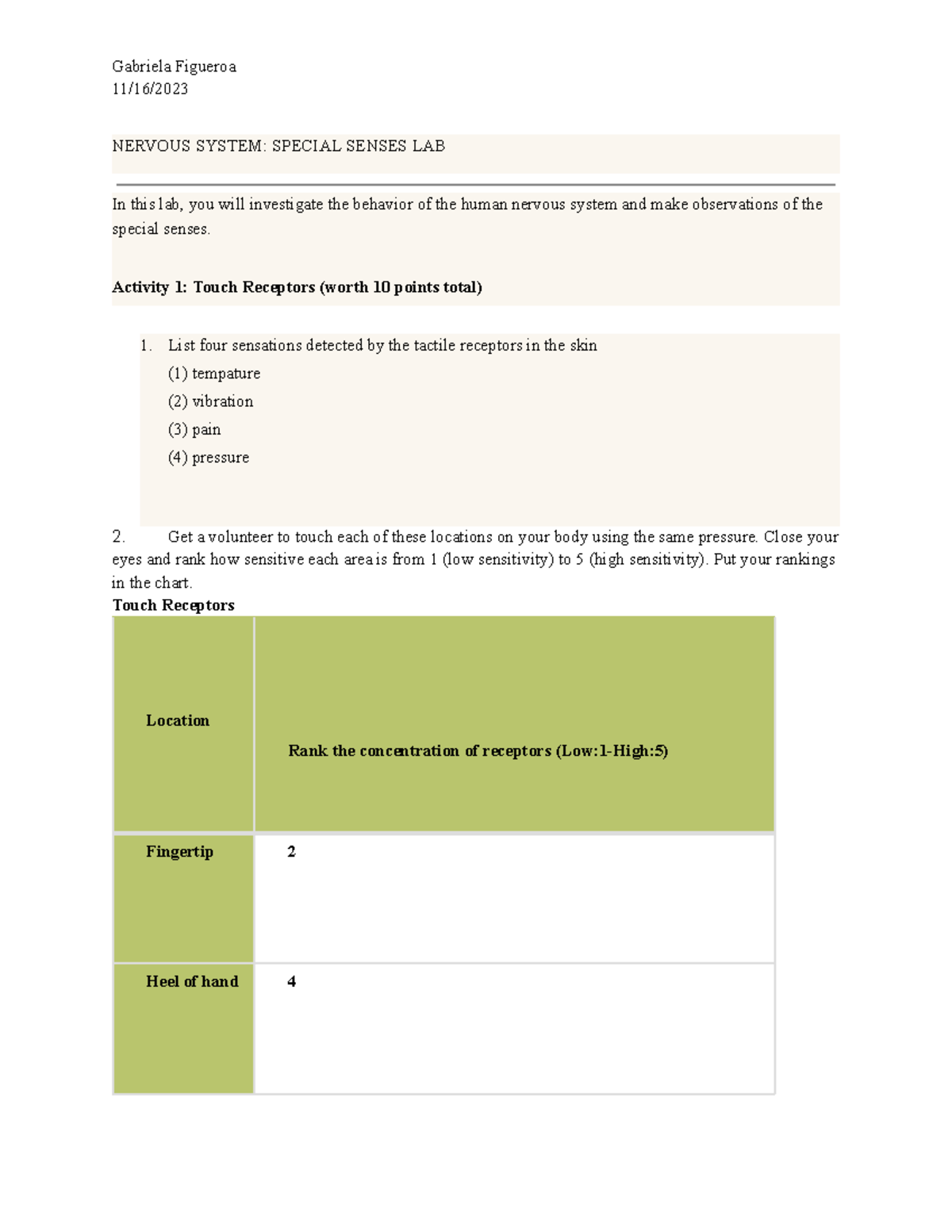 Nervous System Special Senses LAB - 11/16/ NERVOUS SYSTEM: SPECIAL ...