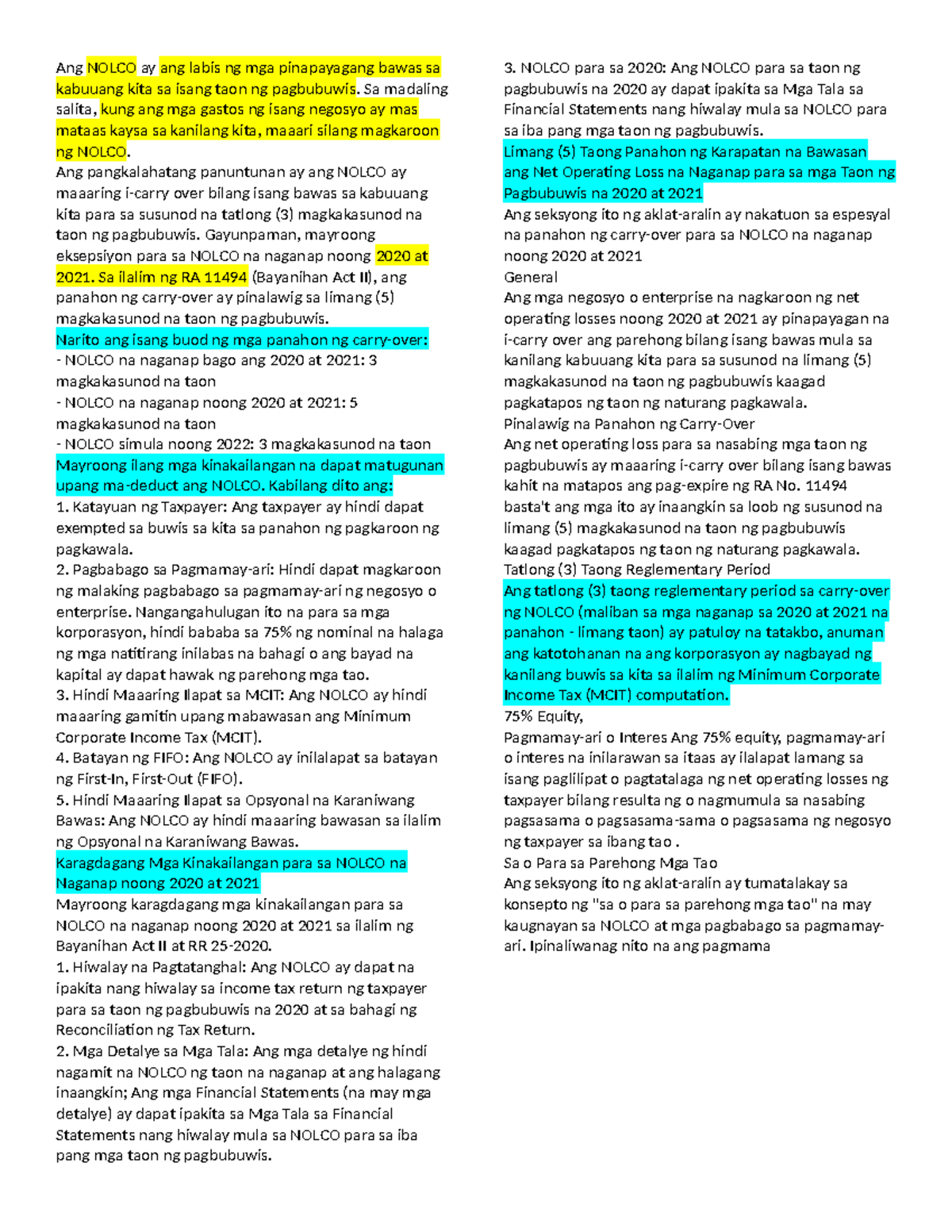Taxation chap10 - notes for chpa10 - Ang NOLCO ay ang labis ng mga ...