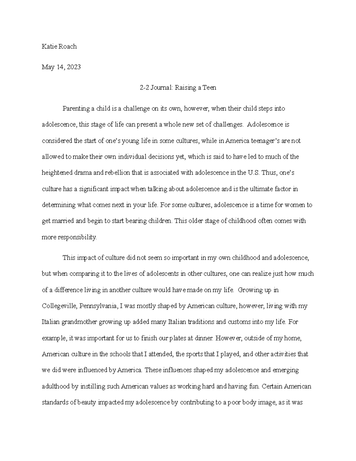 Module 2 paper - Katie Roach May 14, 2023 2-2 Journal: Raising a Teen ...