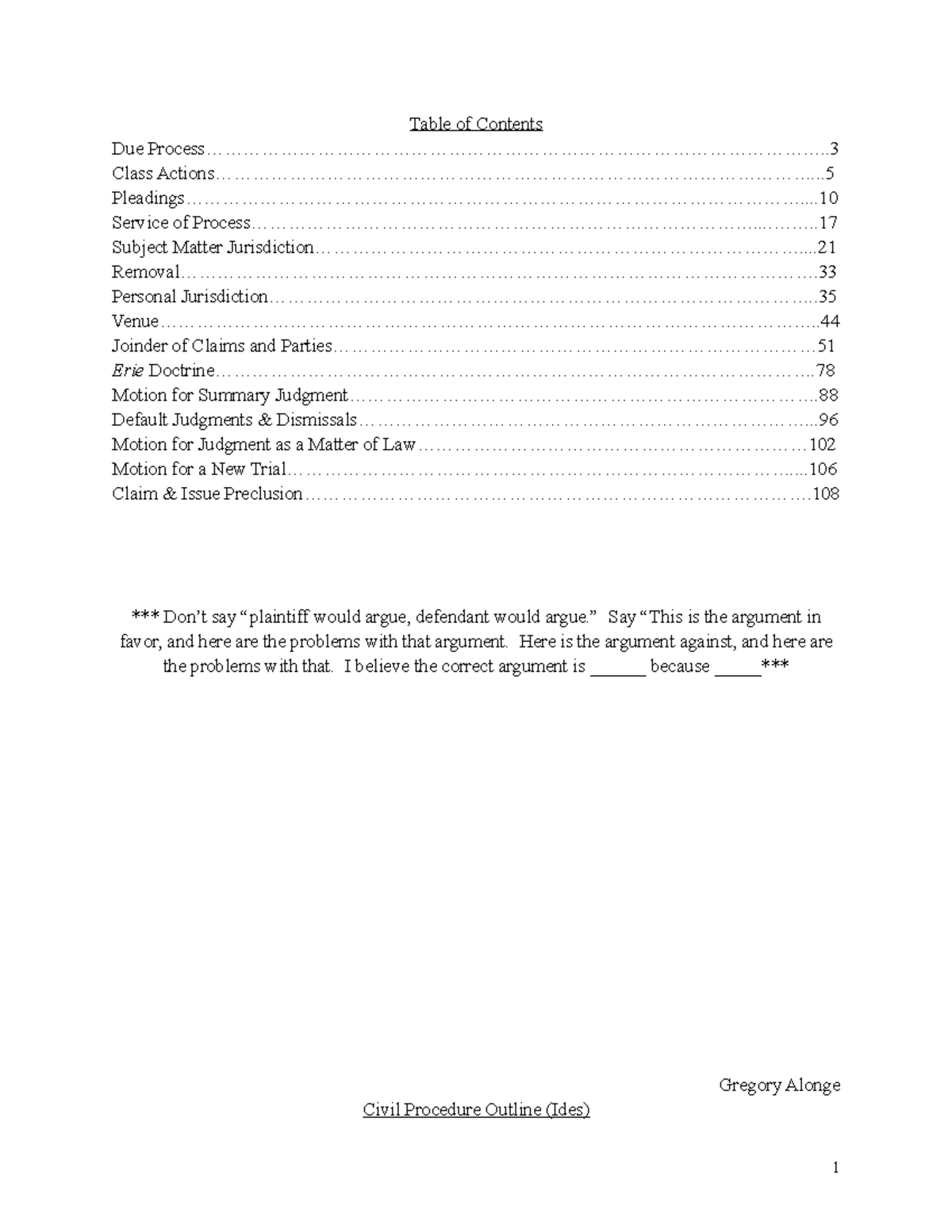 Civil Procedure Outline - Table of Contents Due - Studocu