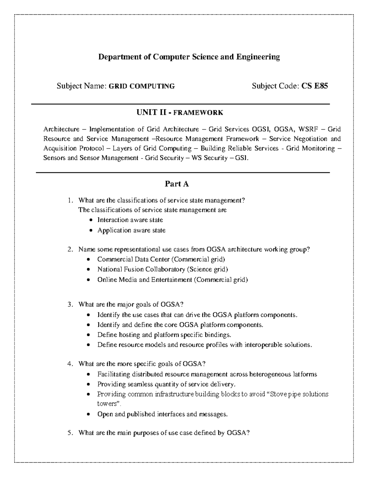 UNIT II - FRAMEWORK SUMMARY OF GRID COMPUTING - Department of Computer ...