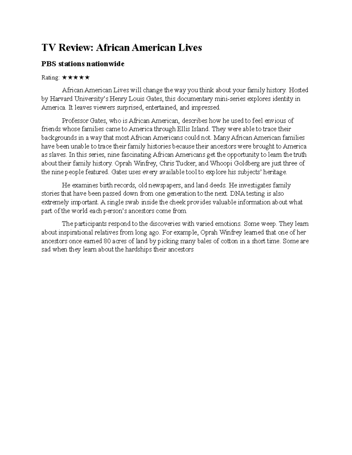 Central Idea 1 TV Review African American Li - TV Review: African ...