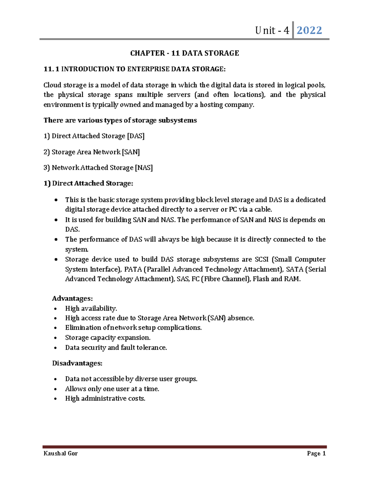 UNIT-4 - its - CHAPTER - 11 DATA STORAGE 11. 1 INTRODUCTION TO ...