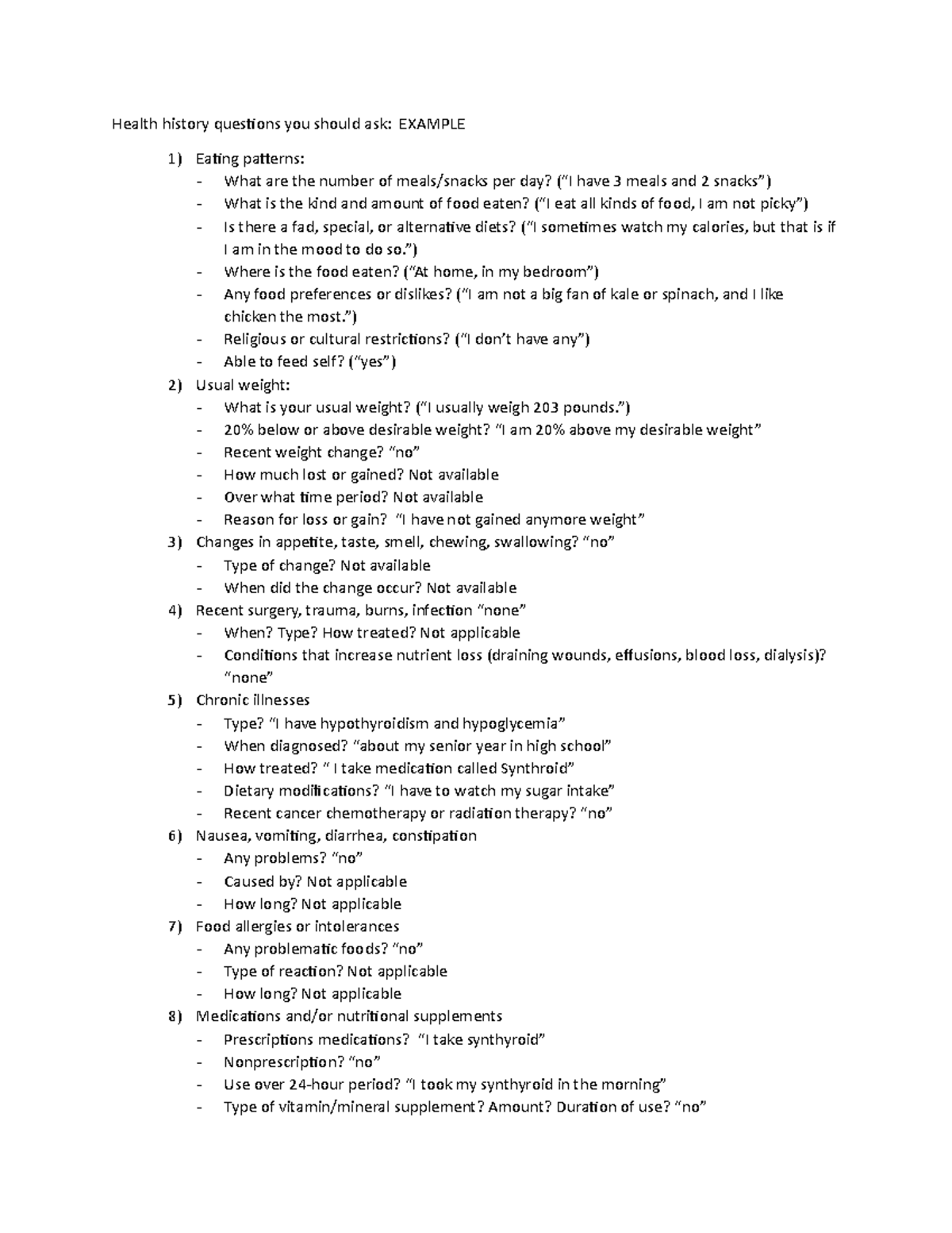 Health history questions for nutrition example - Health history ...