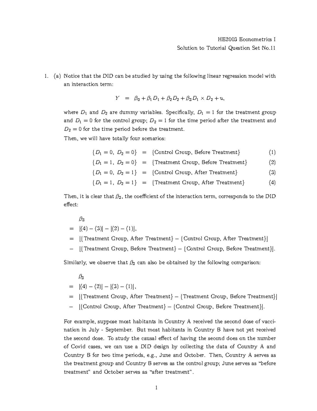 HE2003 2023 Solution 11 - HE2003 Econometrics I Solution to Tutorial Question Set No. (a) Notice ...