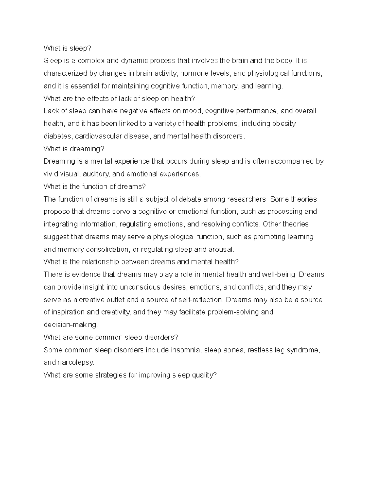 Sleeping and dreaming study guide - What is sleep? Sleep is a complex ...