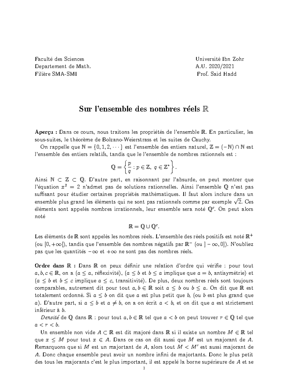 Sur l’ensemble des nombres réels IR. - Facult ́e des Sciences Universit ...