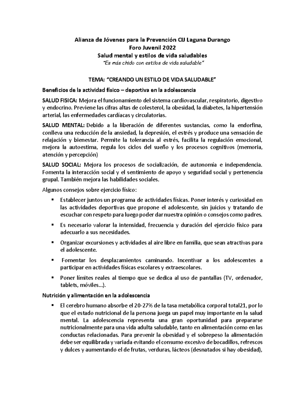 Creando un estilo de vida saludable - Alianza de Jóvenes para la ...