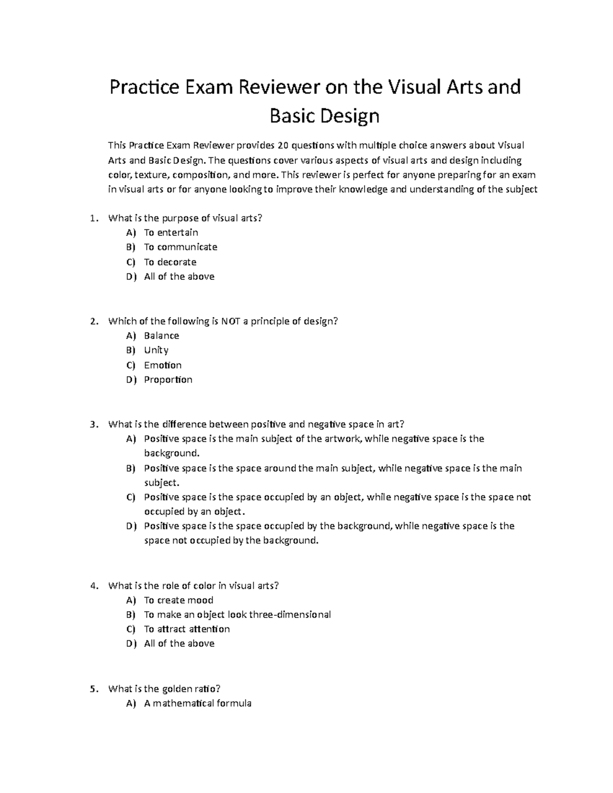 Practice Exam Reviewer on the Visual Arts and Basic Design - Practice ...