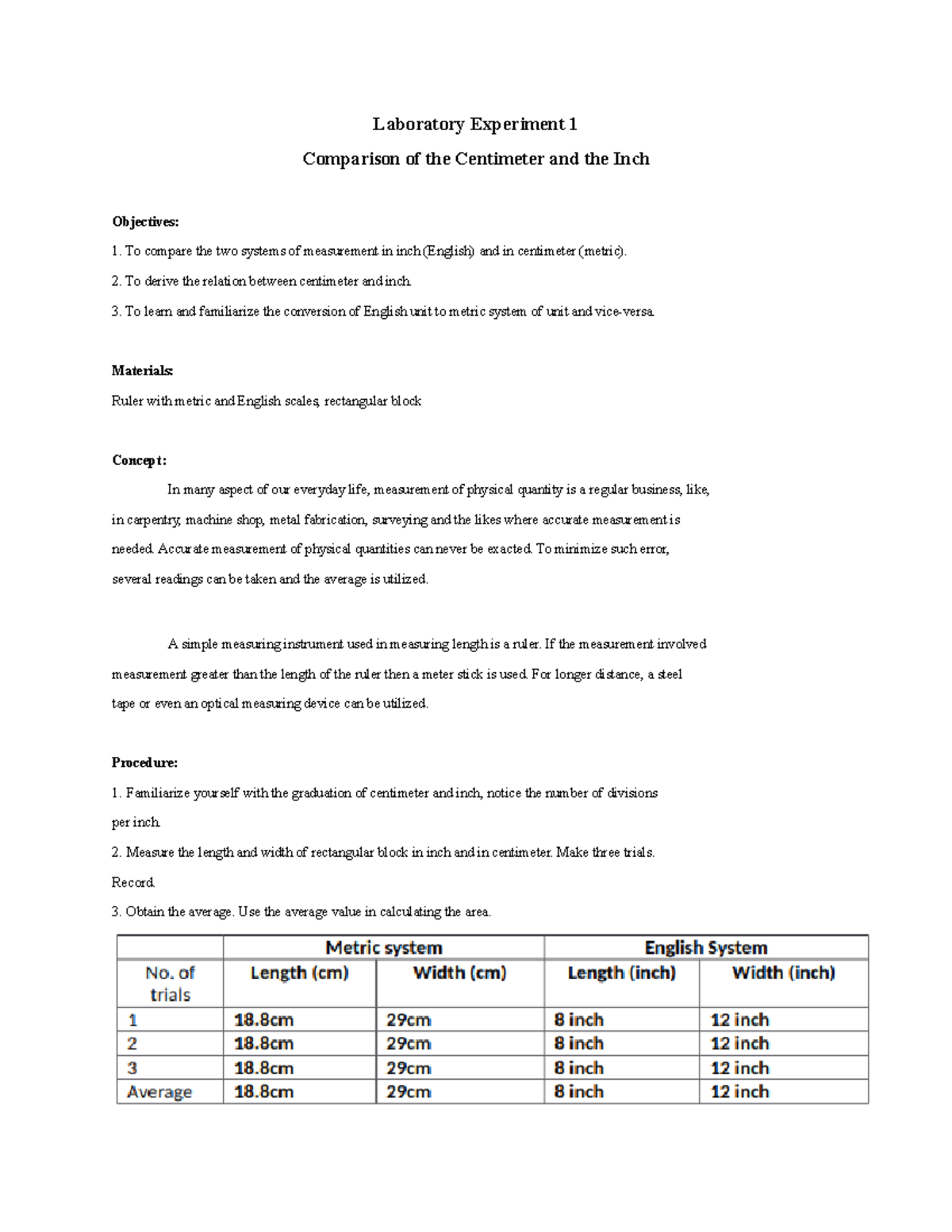 Comparison of the Centimeter and the Inch - Laboratory Experiment 1 ...