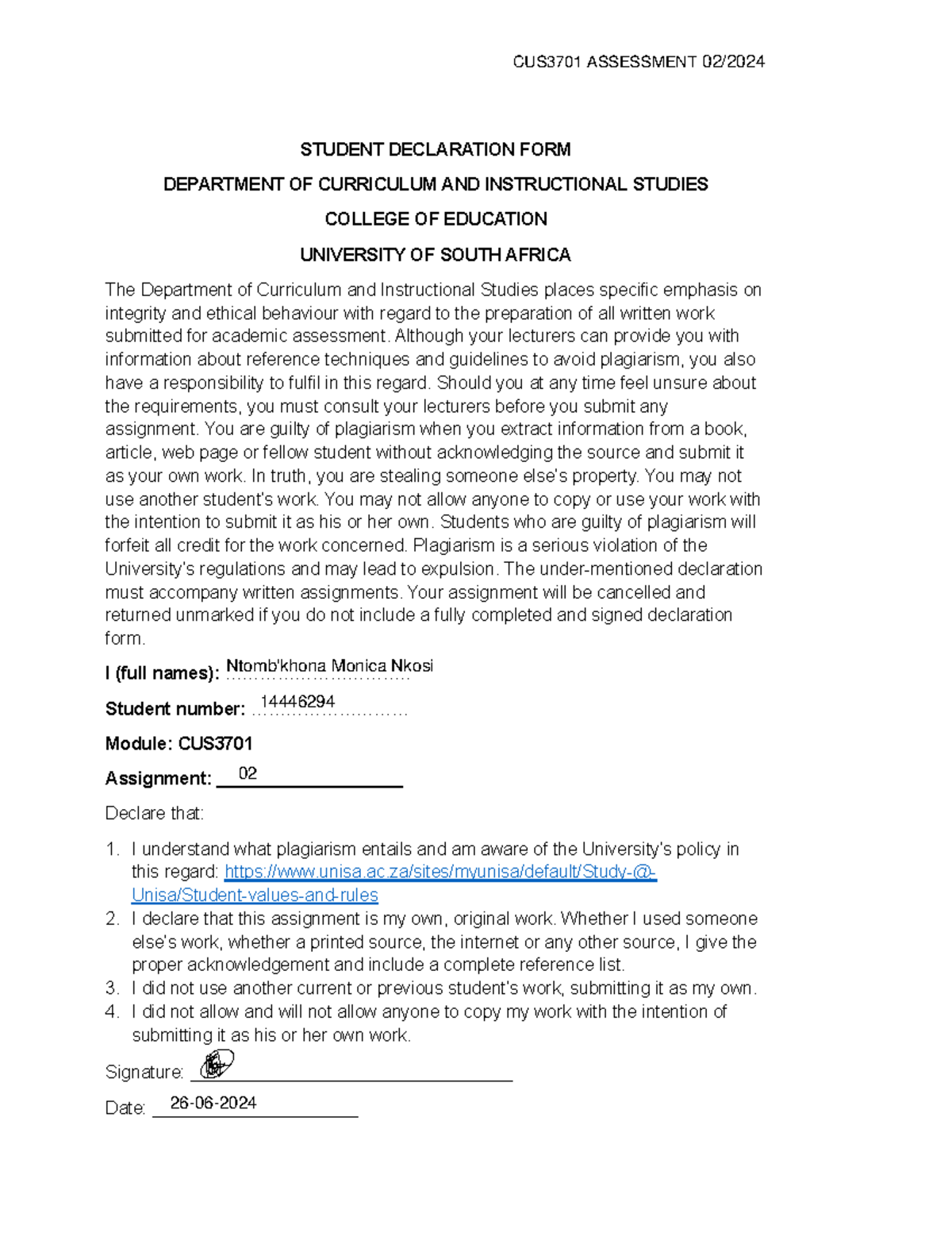 CUS3701 Assignment 02 - CUS3701 ASSESSMENT 02/ STUDENT DECLARATION FORM DEPARTMENT OF CURRICULUM ...