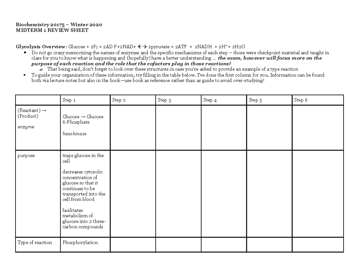 Midterm 1Review Sheet ML - Biochemistry 20175 – Winter 2020 MIDTERM 1 ...